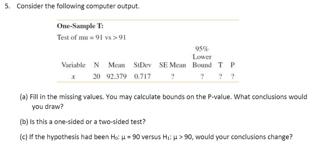 Solved 5. Consider the following computer output. One-Sample | Chegg.com