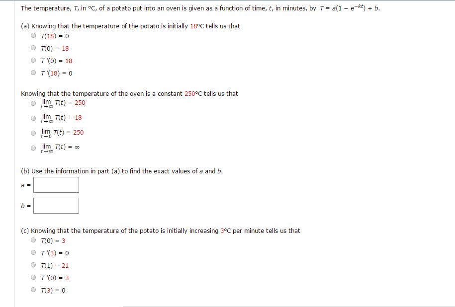 Solved The temperature, T, in degree C, of a potato put into | Chegg.com