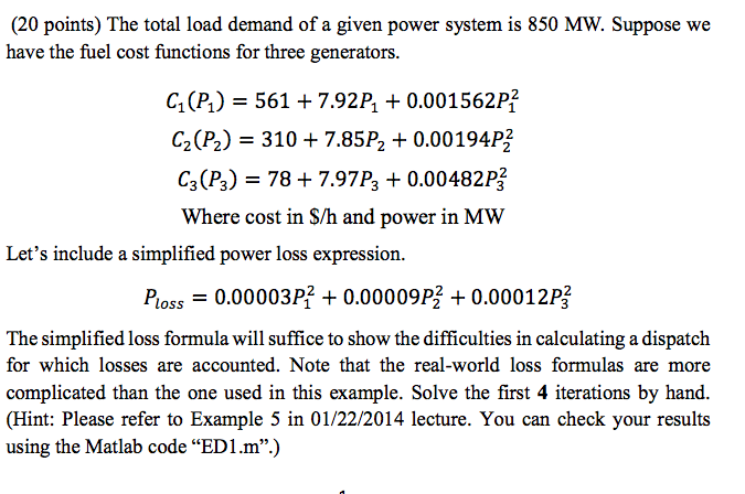Solved The total load demand of a given power system is 850 | Chegg.com
