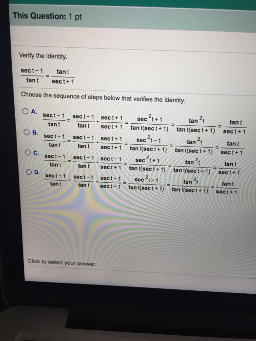 Solved Verify the identity. Sec t - 1/tan t = tan t/sec t + | Chegg.com