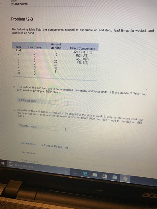 Solved The following table lists the components needed to | Chegg.com