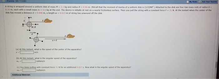 Solved A string is wrapped around a uniform disk of mass M = | Chegg.com