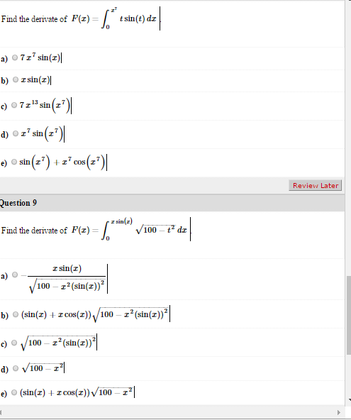 Solved Find the derivate of F(x) = integral^x^T_0 t sin(t) | Chegg.com