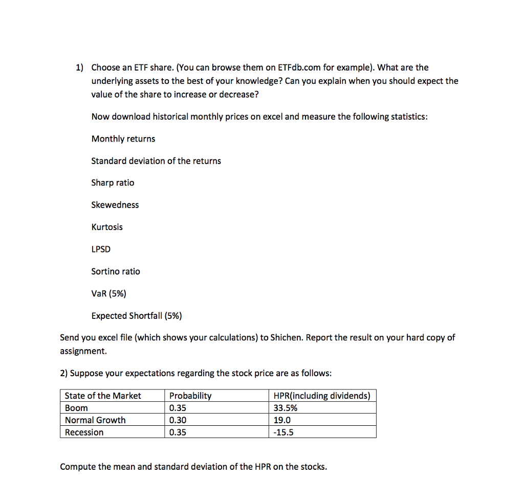 Solved 1) Choose an ETF share. (You can browse them on | Chegg.com