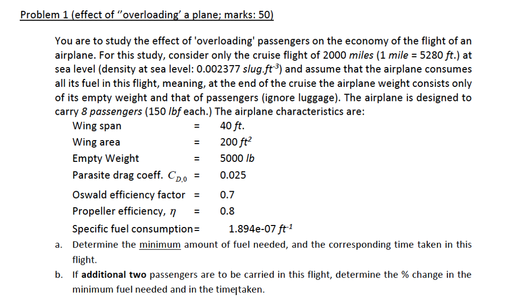 Problem 1 (effect of "overloading' a plane: marks: 50 | Chegg.com
