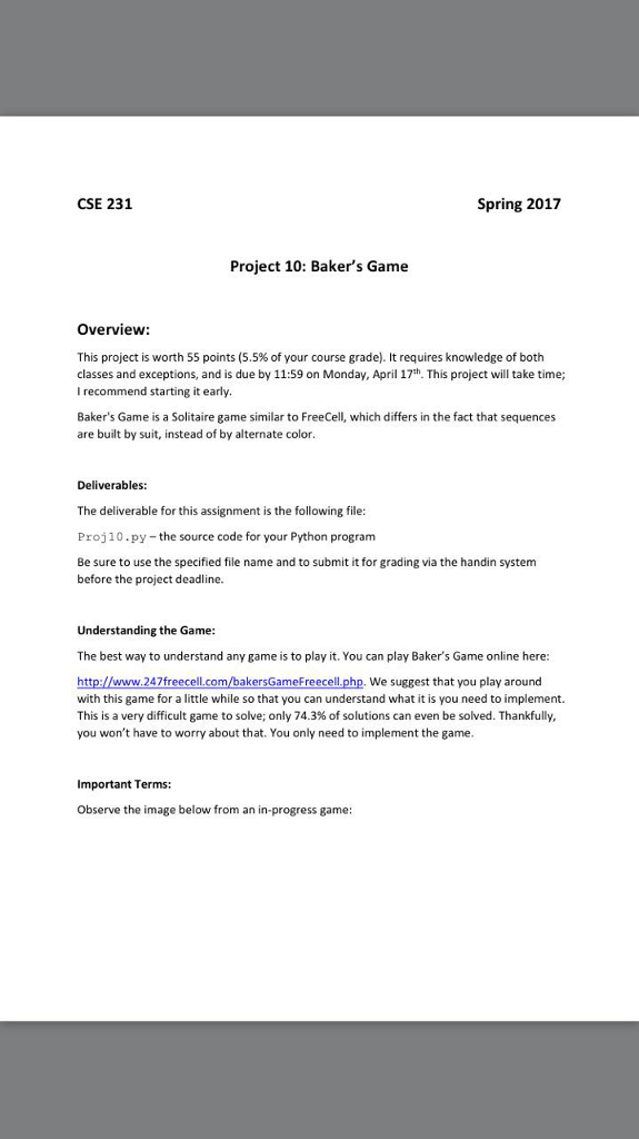 Spring 2017 CSE 231 Project 10: Baker's Game | Chegg.com