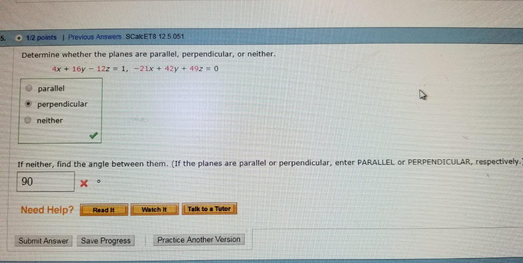 Solved 5. 1/2 points I Previous Answers SCalcET8 12.5.051 | Chegg.com