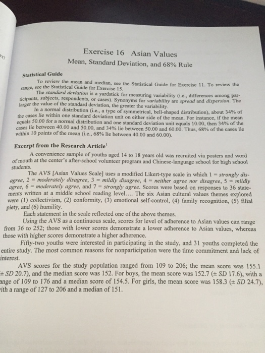 Solved Exercise 16 Asian Values Mean, Standard Deviation, | Chegg.com