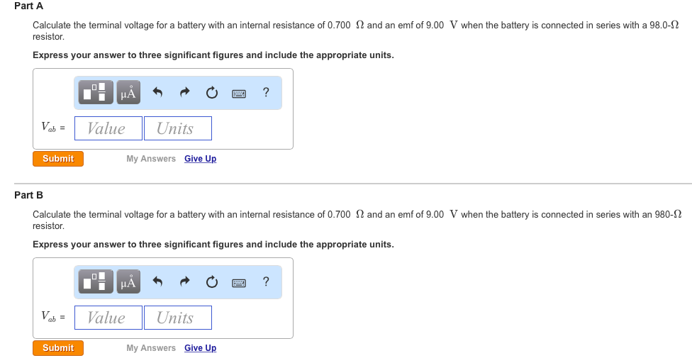 Solved Calculate the terminal voltage for a battery with an | Chegg.com