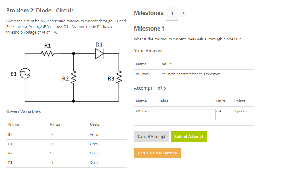 Solved Problem 2: Diode Circuit Milestones:2 Given the | Chegg.com