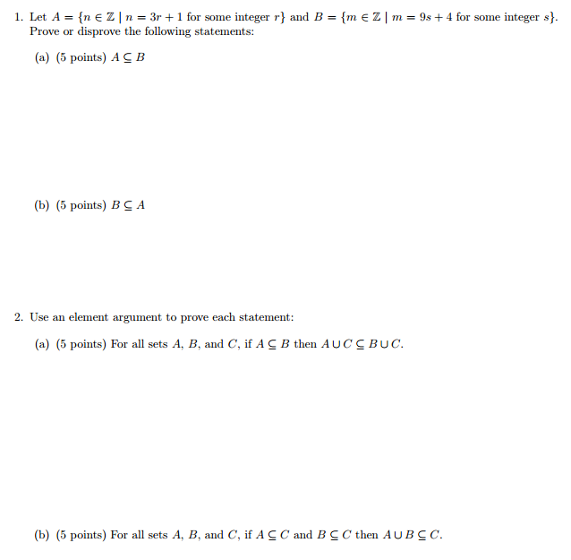 Solved Let A = {n epsilon Z | n = 3r + 1 for some integer r} | Chegg.com