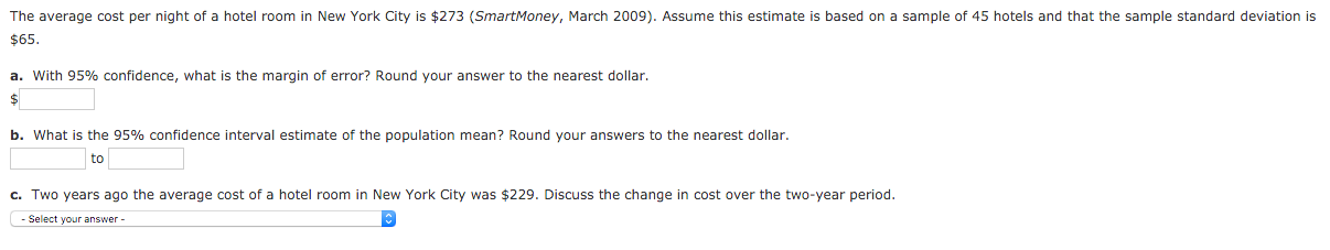 Solved The average cost per night of a hotel room in New | Chegg.com