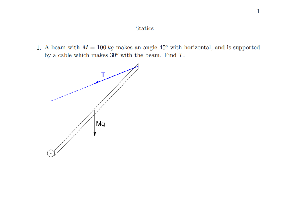 Solved Statics 1. A beam with M 100 kg makes an angle 45o | Chegg.com