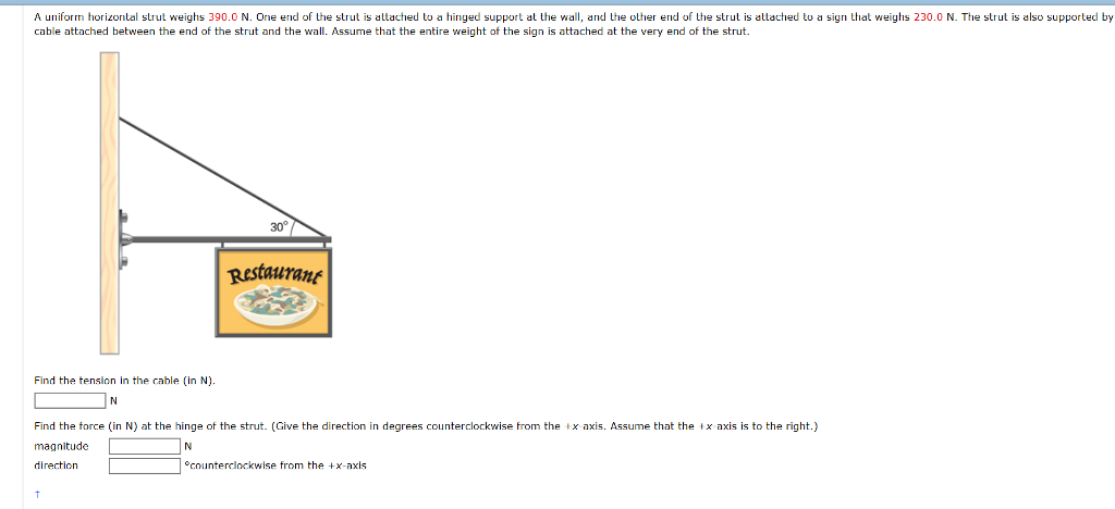 Solved A uniform horizontal strut weighs 390.0 N. One end of | Chegg.com