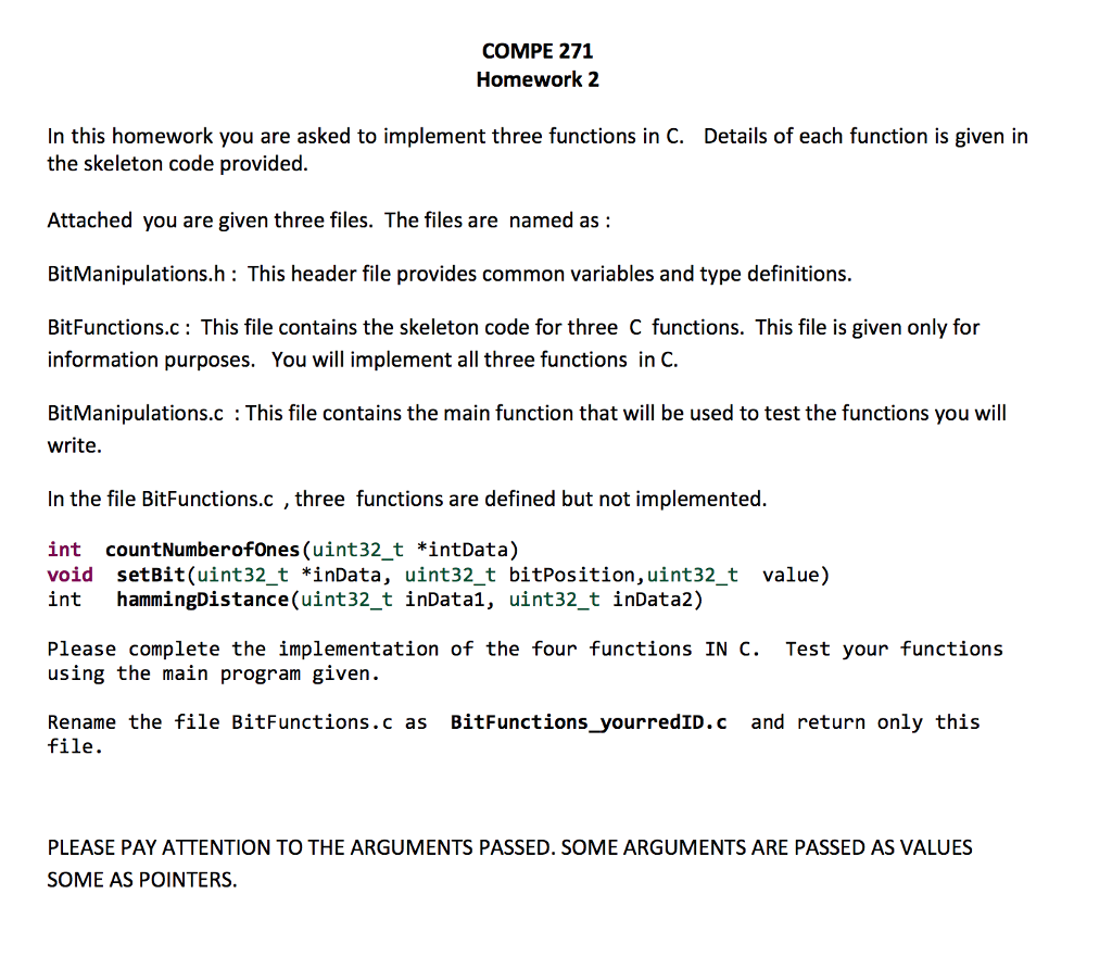 Solved COMPE 271 Homework 2 Details of each function is | Chegg.com