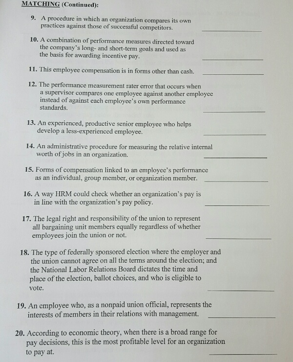 Solved HELP MATCHING QUESTIONS (1-20), AND TRUE/FALSE | Chegg.com