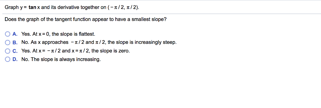 Solved Graph y = tan x and its derivative together on (-?/2, | Chegg.com