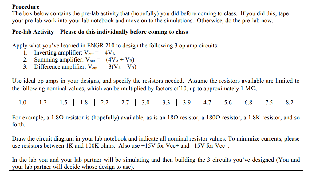 Solved Procedure The box below contains the pre-lab activity | Chegg.com