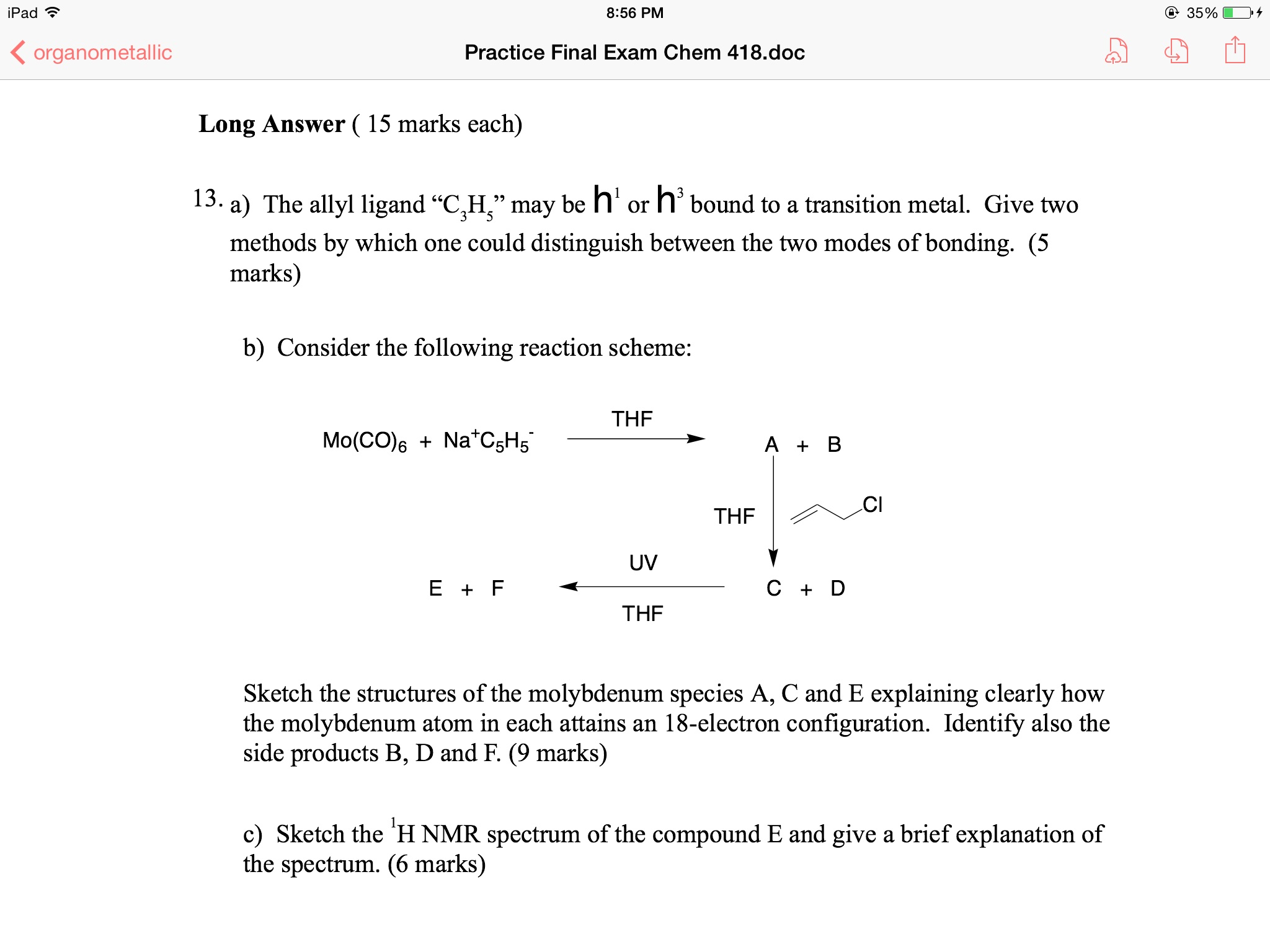 Solved The allyl ligand C3H5 may be h1 or h3 bound to a | Chegg.com