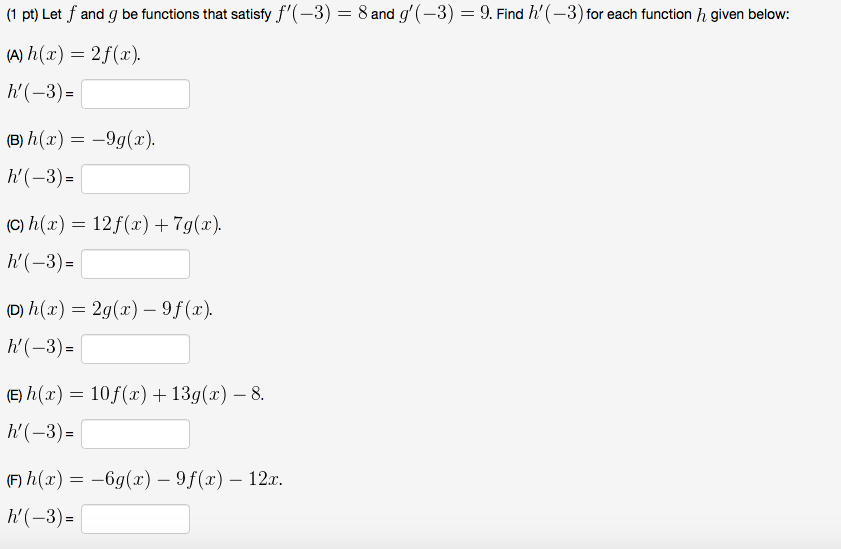 Solved (1 pt) Let f and g be functions that satisfy f, (-3) | Chegg.com