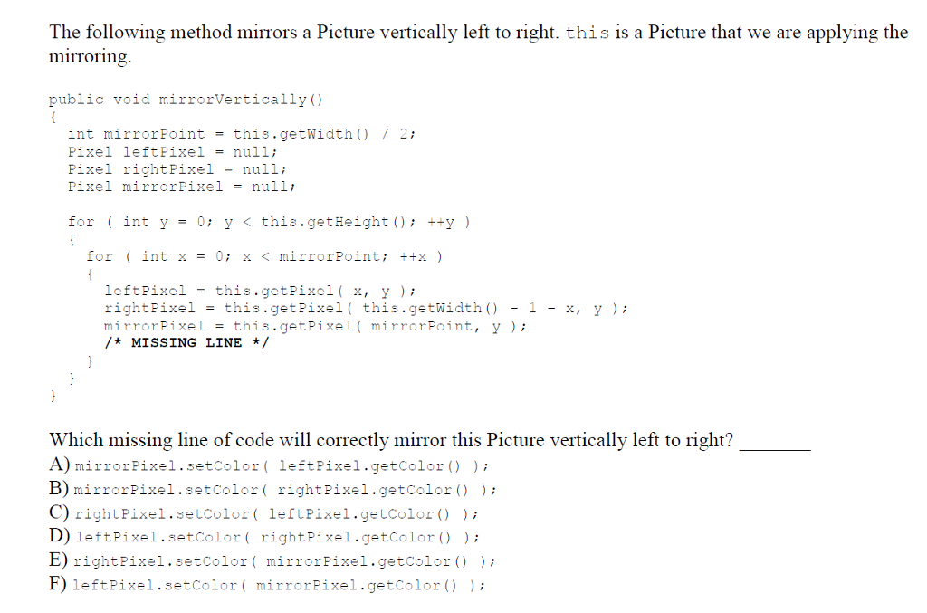 Solved The following method mirrors a Picture vertically | Chegg.com