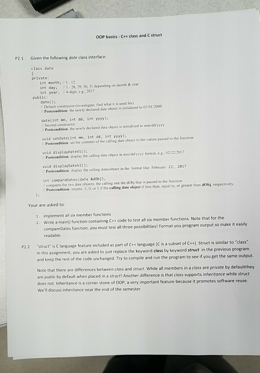 Solved O0P basics C++ class and C struct P2.1 Given the | Chegg.com