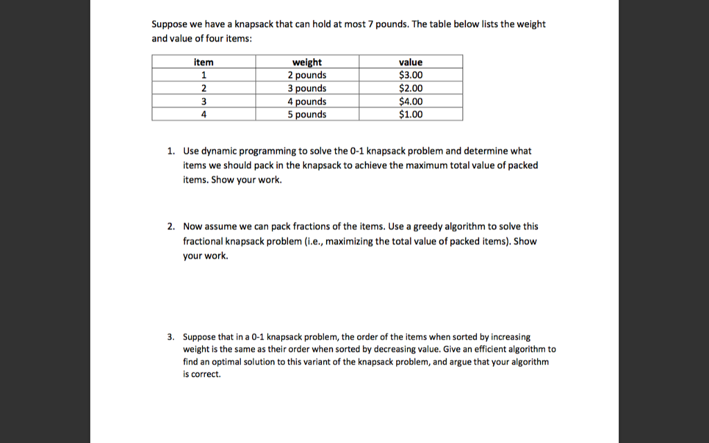 Solved Suppose we have a knapsack that can hold at most 7 | Chegg.com