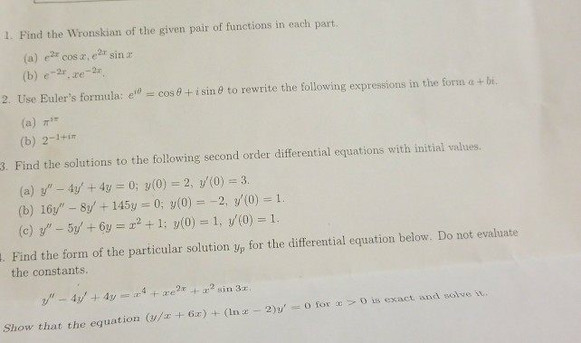 Solved 1. Find the Wronskian of the given pair of functions | Chegg.com