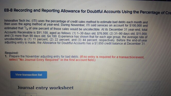 Solved E8-8 Recording and Reporting Allowance for Doubtful | Chegg.com