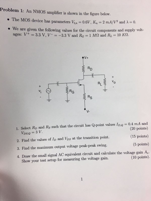 Solved Problem 1: An NMOS amplifier is shown in the figure | Chegg.com