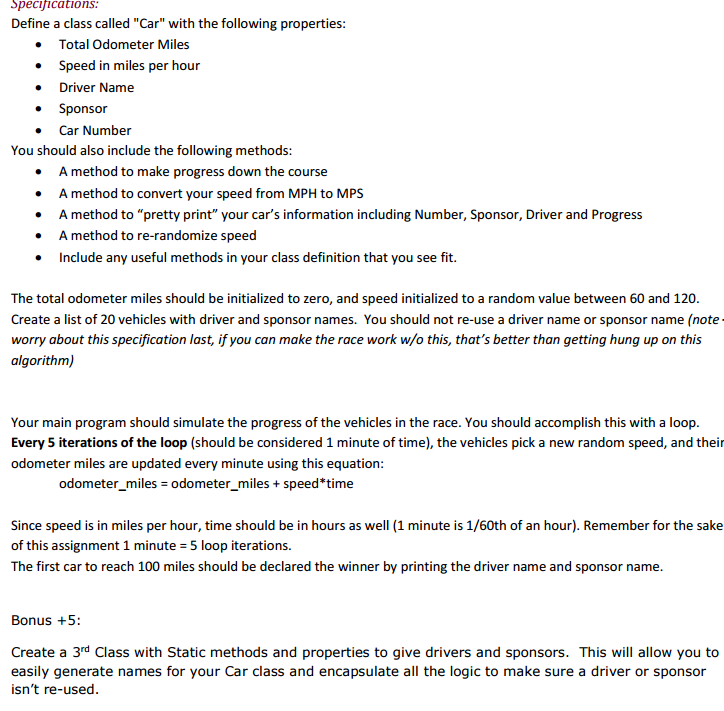 Solved You are going to create a simple car race program | Chegg.com