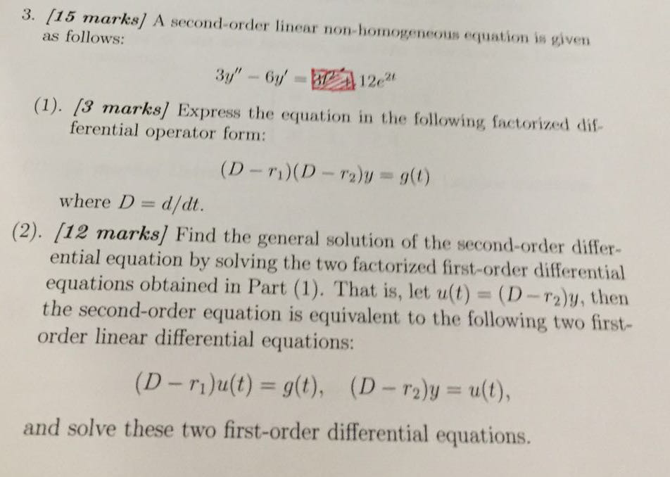 Solved A Second Order Linear Non Homogeneous Equation Is