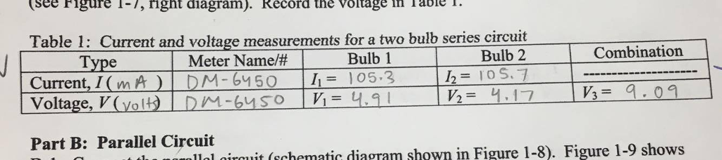 Series circuit (Table 1 data) Bulb 1 voltage (Vi) | Chegg.com