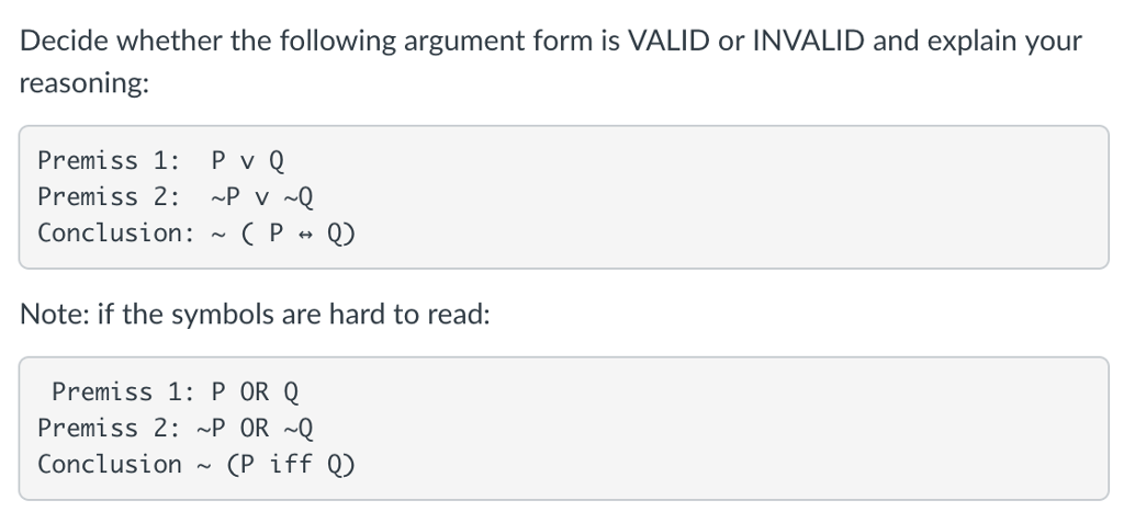 Solved Decide whether the following argument form is VALID | Chegg.com