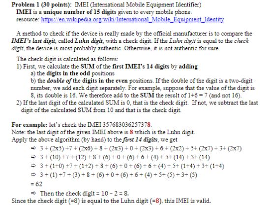 Solved Problem1 (30 points): IMEI (International Mobile | Chegg.com