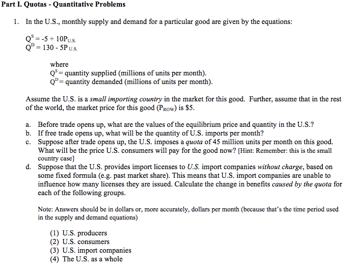Solved Part I. Quotas - Quantitative Problems 1. In the | Chegg.com