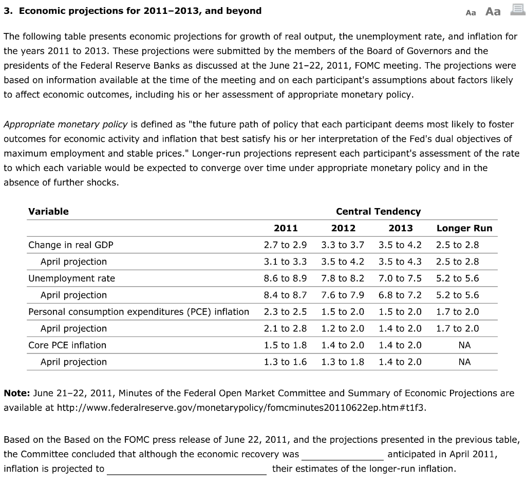 Solved 3. Economic projections for 2011-2013, and beyond Aa | Chegg.com