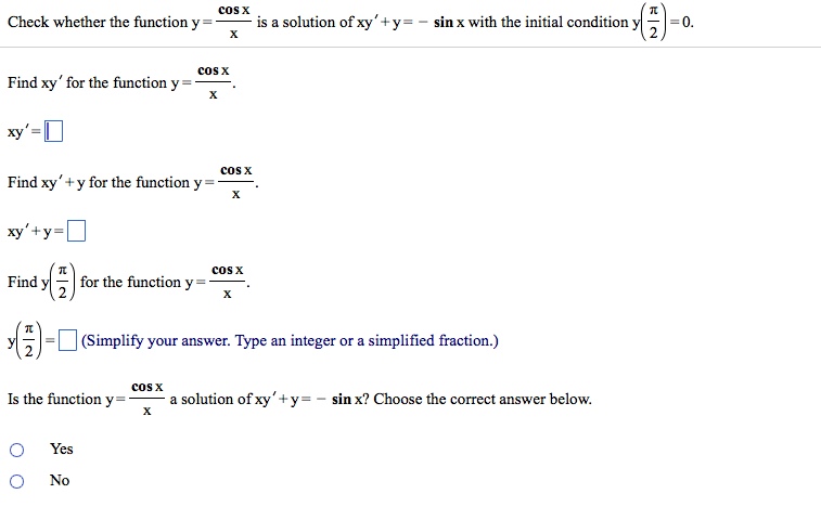 Solved Check whether the function y = cos x/x is a solution | Chegg.com