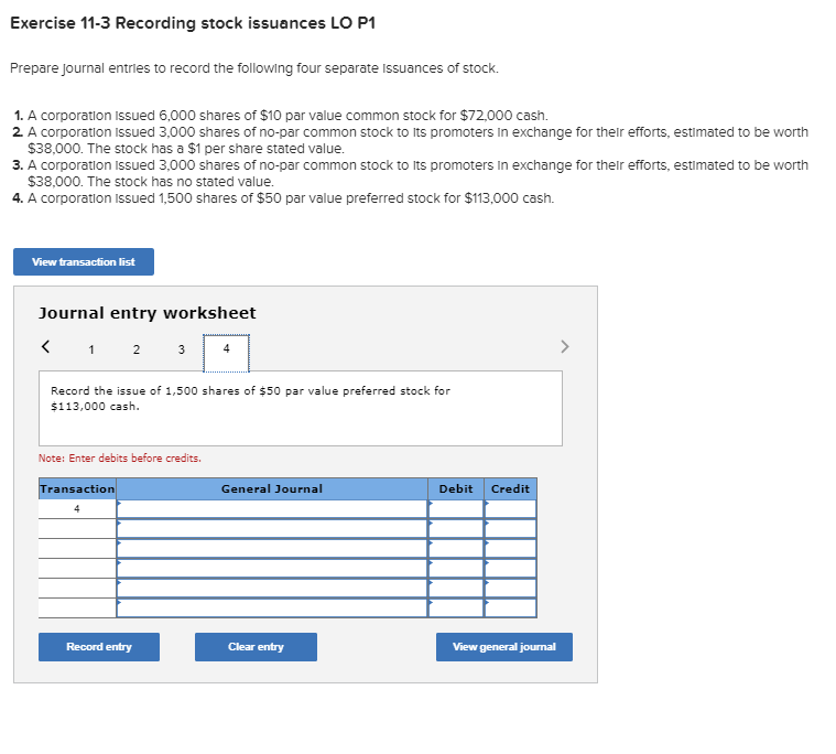 Solved Exercise 11-3 Recording stock issuances LO P1 Prepare | Chegg.com