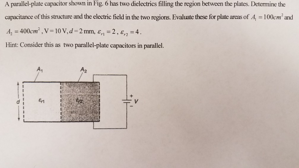 Solved A parallel-plate capacitor shown in Fig. 6 has two | Chegg.com