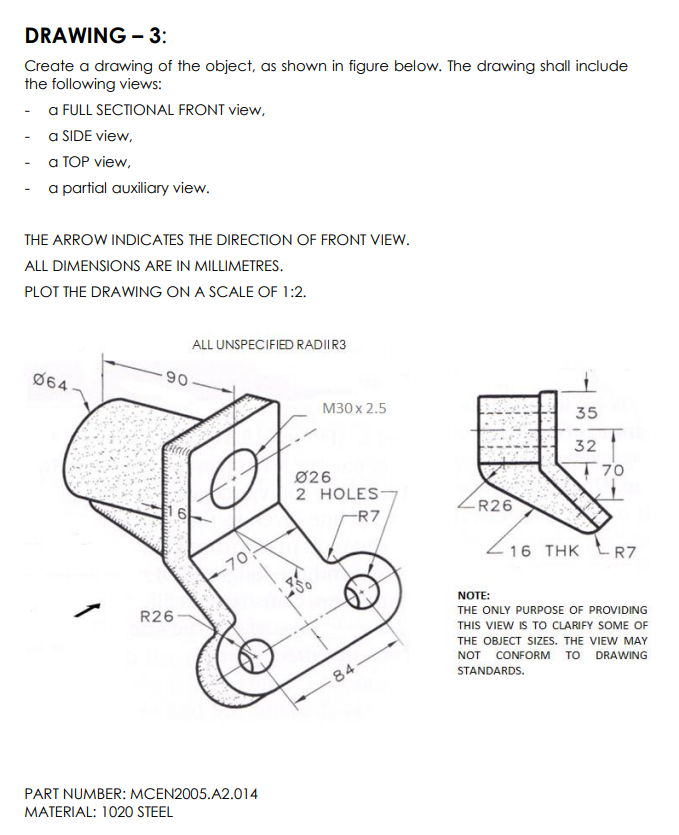Solved DRAWING-3; Create a drawing of the object, as shown | Chegg.com