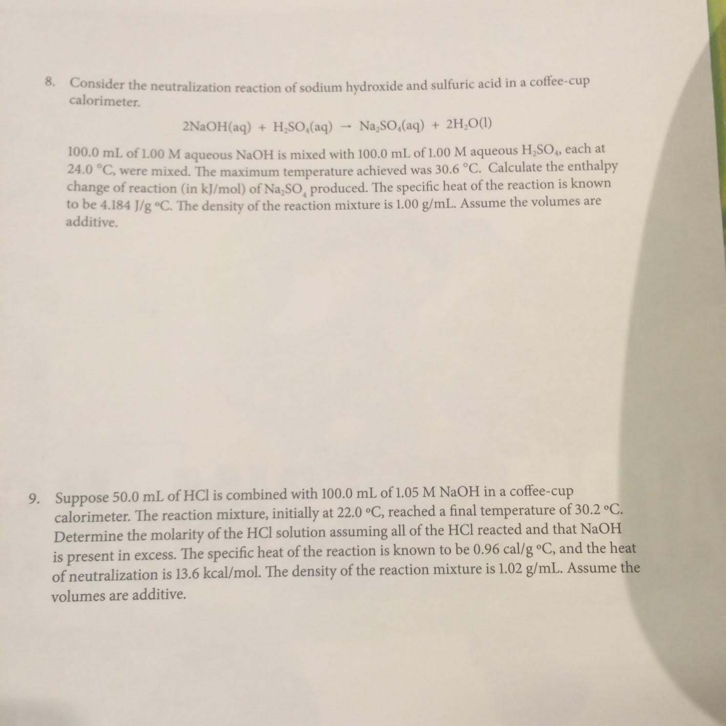 Solved 8. Consider the neutralization reaction of sodium | Chegg.com
