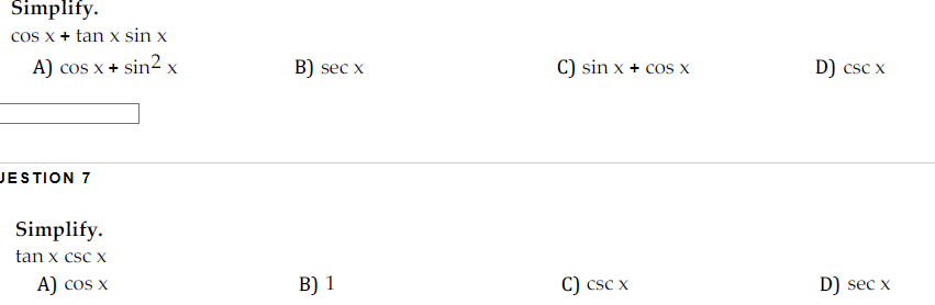 Solved Simplify. cos x + tan x sin x cos x + sin^2 x sec | Chegg.com