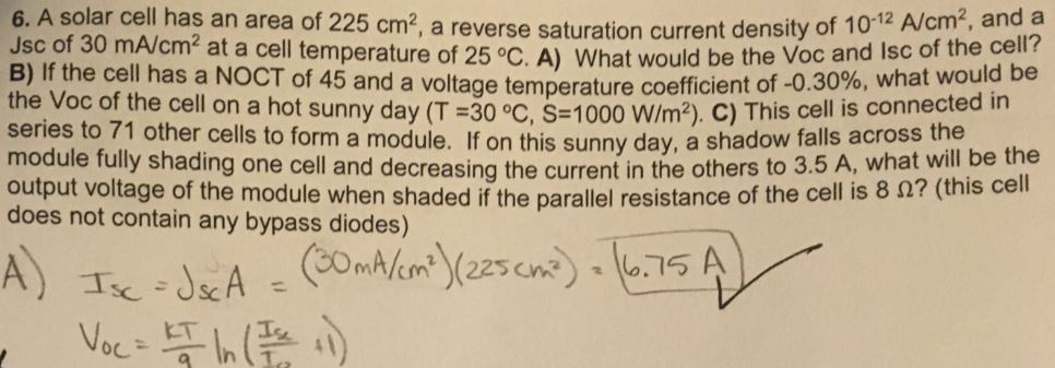 Solved 6. A solar cell has an area of 225 cm2, a reverse | Chegg.com