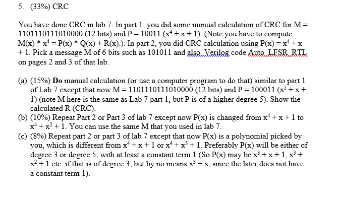 Solved You have done CRC in lab 7. In part 1, you did some | Chegg.com