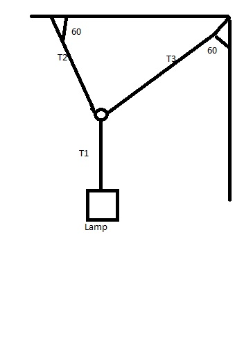Solved A 50 kg lamp is hanging from wires as shown in the | Chegg.com