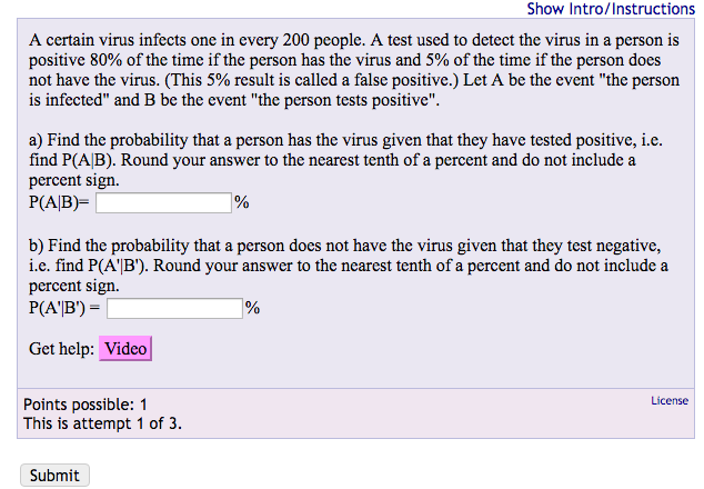 Solved A certain virus infects one in every 200 people. A | Chegg.com