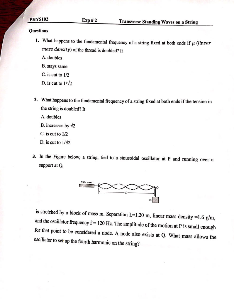 Solved PHYS102 Exp # 2 Transverse Standing Waves on a String | Chegg.com