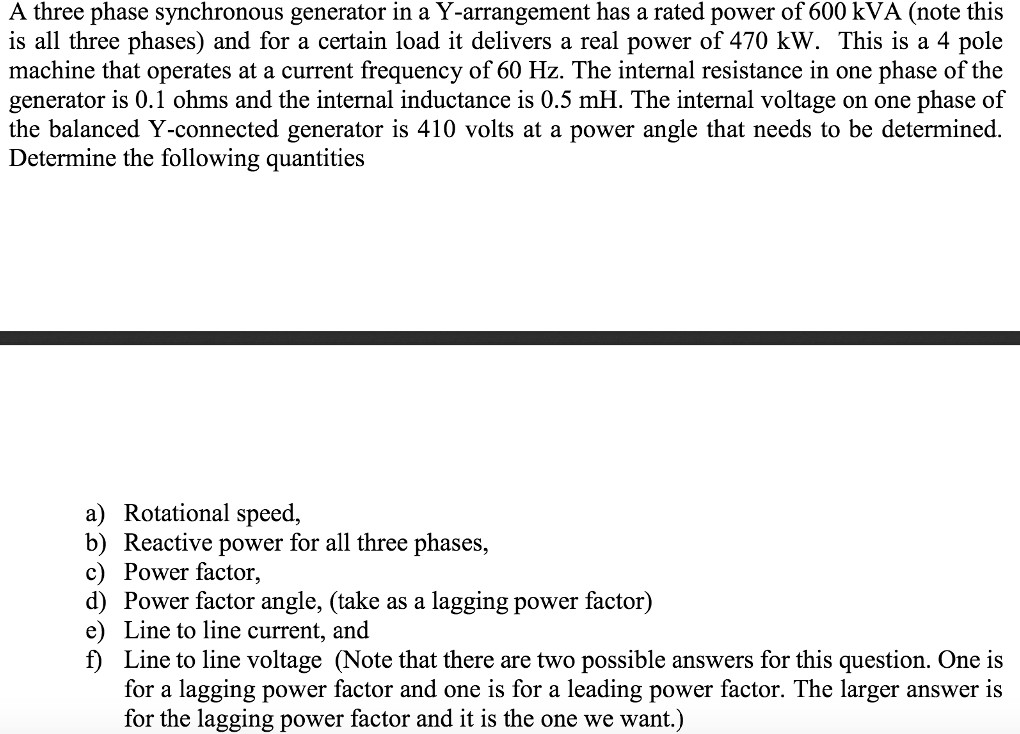 Solved A three phase synchronous generator in a | Chegg.com