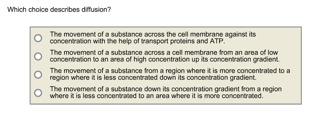 Solved Which choice describes diffusion? The movement of a | Chegg.com